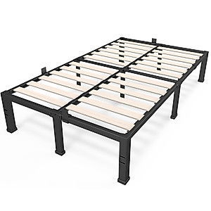 ROIL 14 inch Full Size Bed Frames with Wood Slats - 3500lbs Heavy Duty No Box Spring Needed Platform, Mattress Stoppers Double Metal Noise Free Bedframe with Headboard Hole