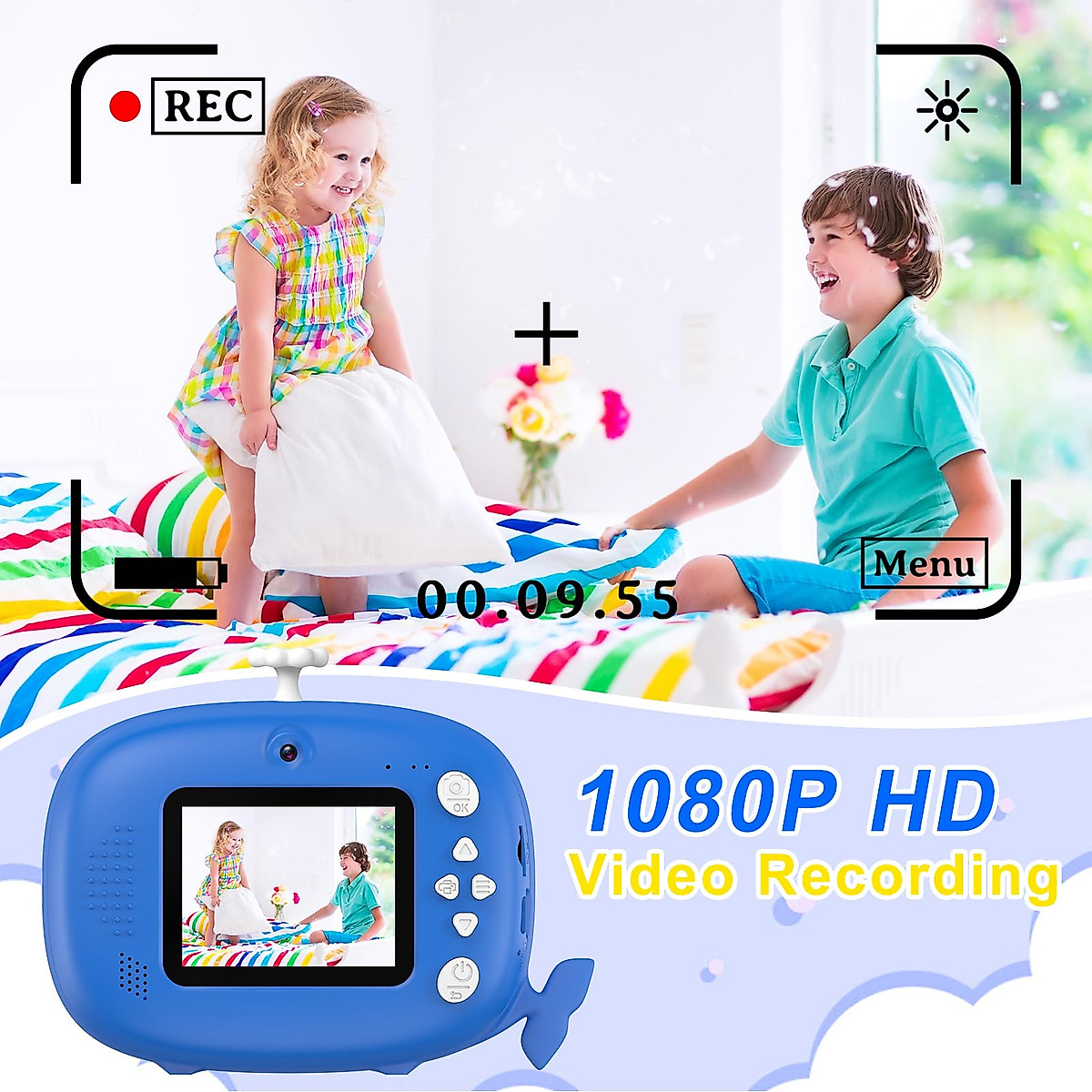 USHINING Kids Camera Instant Print Camera for Boys Girls Selfie Digital Camera for Kids Aged 3-12 Printing Video Camera for Kids 1080P 2.4 Inch Screen with 32GB SD Card,Color Pens,Print Papers(Blue)