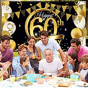 Birthday Party Decoration Extra Large Fabric Black Gold Sign Poster for Anniversary Photo Booth Backdrop Background Banner, Birthday Party Supplies, 72.8 x 43.3 Inch (60th)