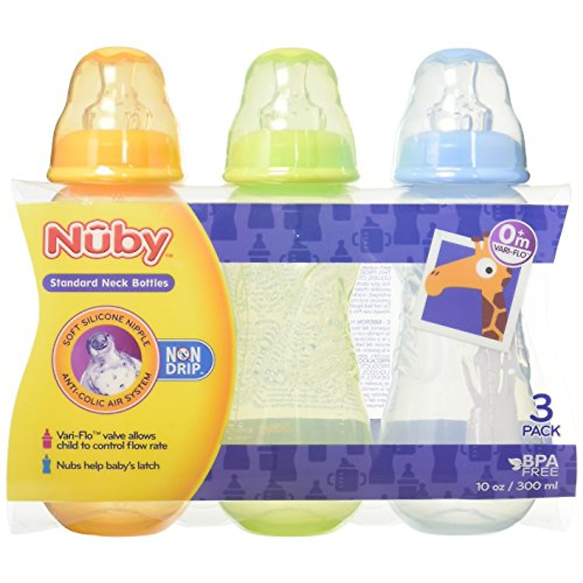Nuby No-Drip Tinted Bottle 3Pk 10 Ounce - Assorted Colors