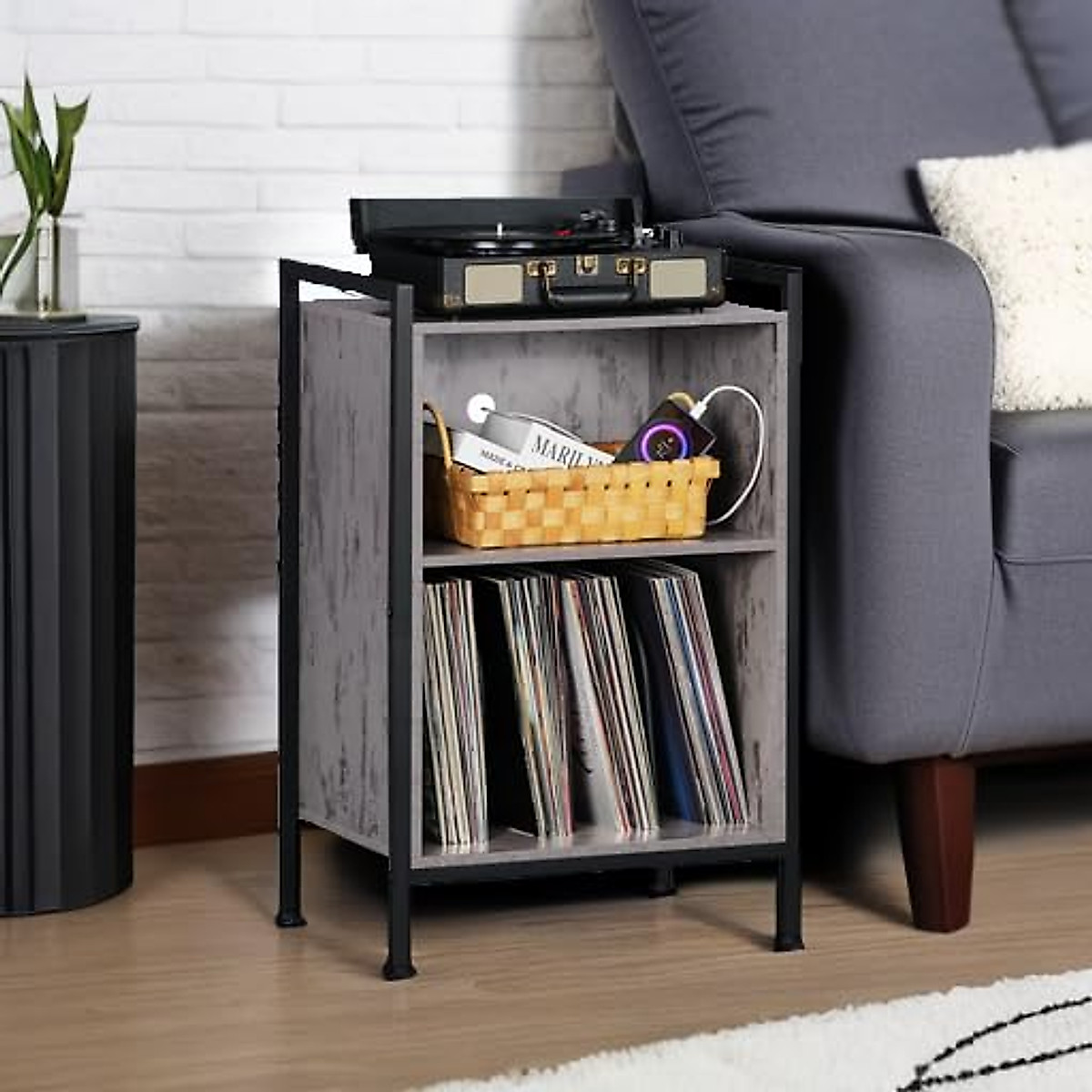 LELELINKY Turntable Stand, 3-Tier Record Player Stand, Vinyl Record Storage Cabinet with Metal Frame Holds Up to 180 Albums, Grey Record Table with Handle for Living Room, Bedroom, Office