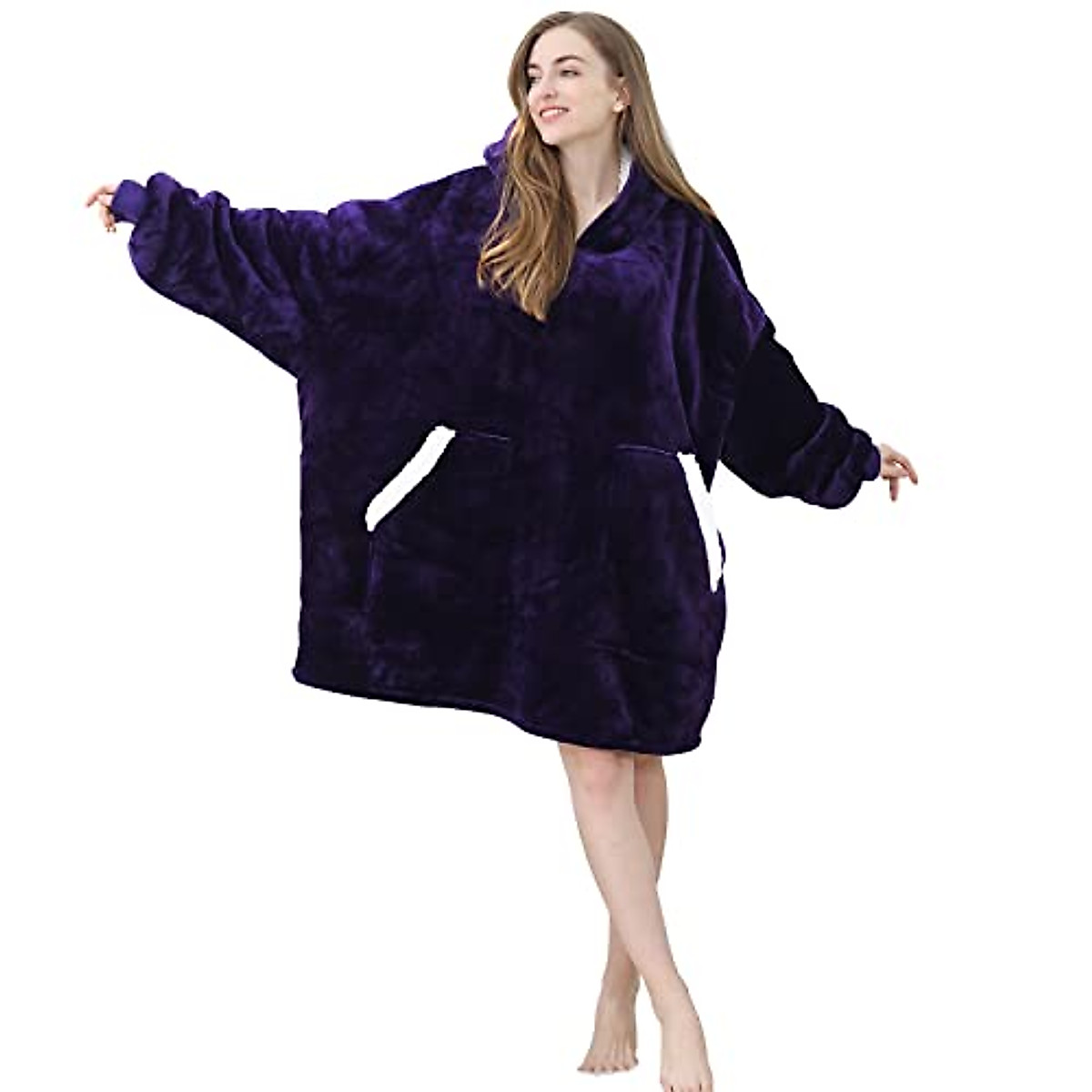 Kipswiza Oversized Wearable Blanket Sherpa Fleece Thick Warm Hoodie Blanket Big Hooded Sweatshirt Hoodie Blanket for Adults Women Girls Teenagers Teens Men Dark Purple
