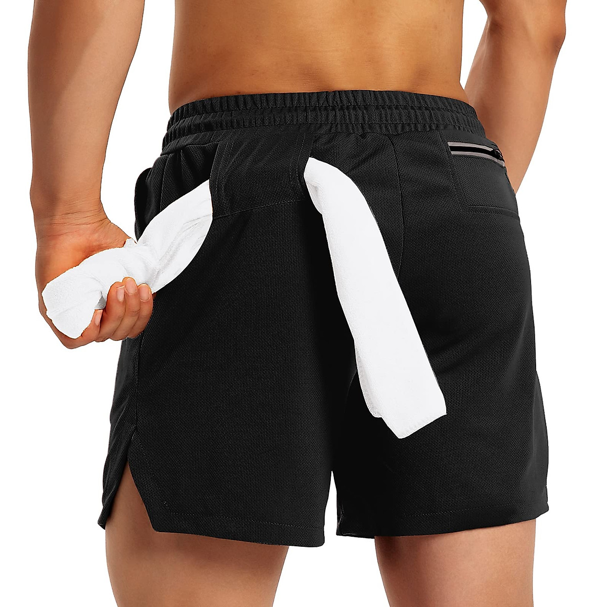 JWJ Mens Workout Shorts 5 Inch Athletic Running Shorts Quick Dry Elastic Gym Shorts for Men Jogging with Zipper Pockets,Black XL