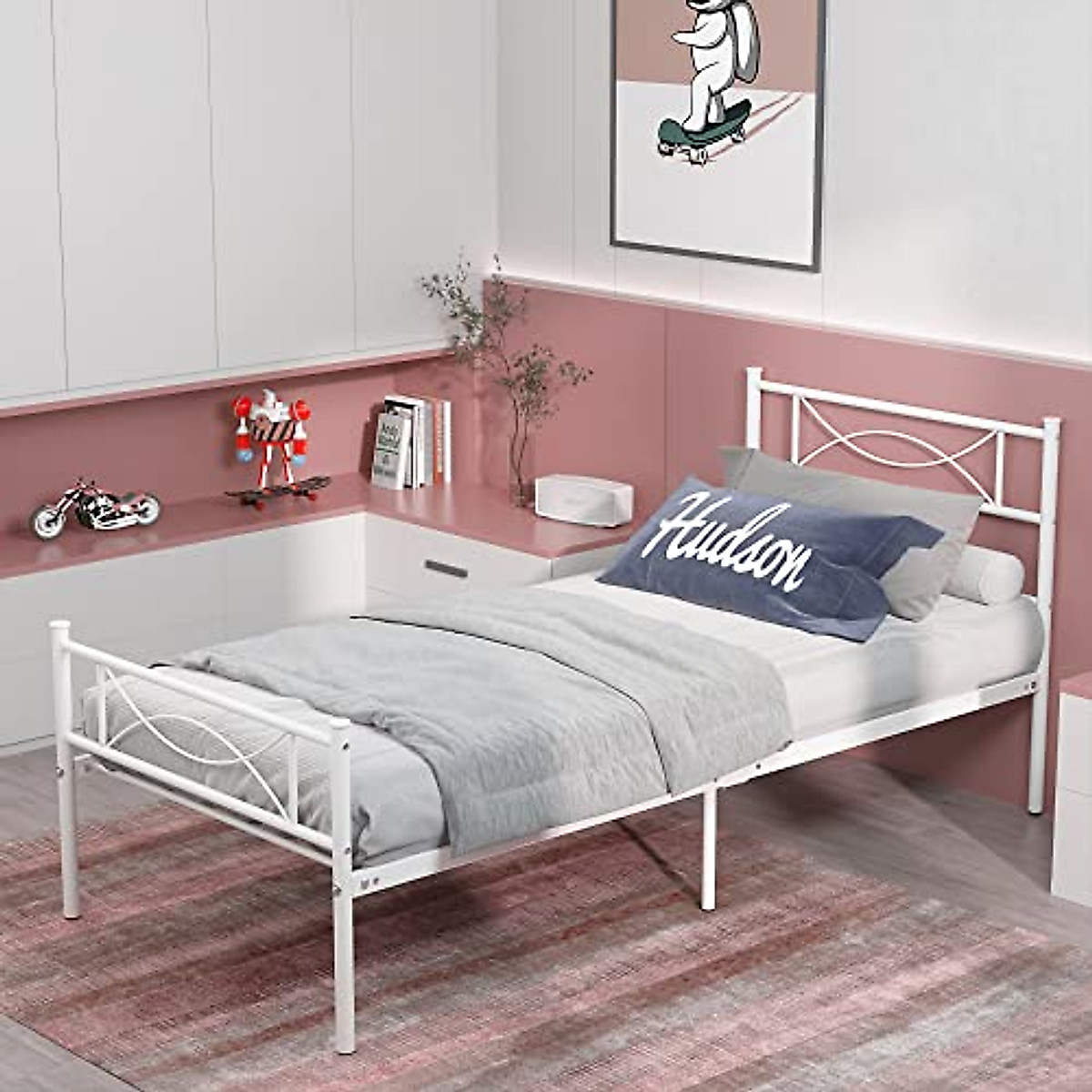 Weehom Twin Bed Frames No Box Spring Needed Easy Assembly Metal Platform Twin Bed Frame with Headboard & 12.7inch Underbed Storage White