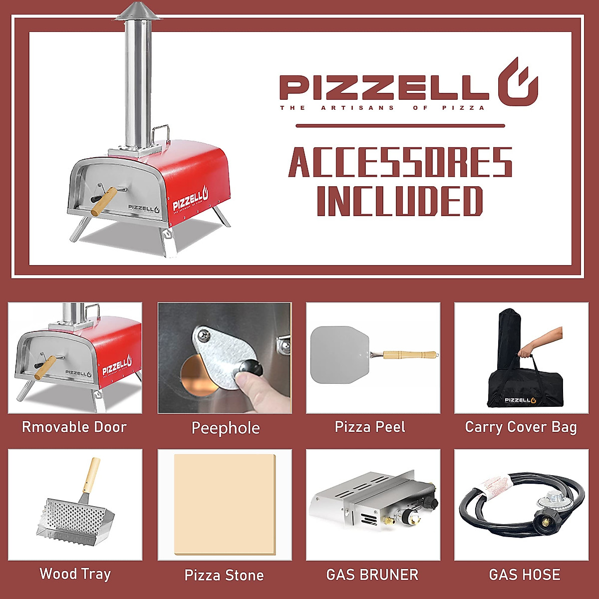 PIZZELLO 12" Outdoor Pizza Oven Propane & Wood Fired Pizza Maker Multi-Fuel Pizza Ovens with Gas Burner, Wood Tray, Stone, Pizza Peel, Cover, Forte Gas (Red)