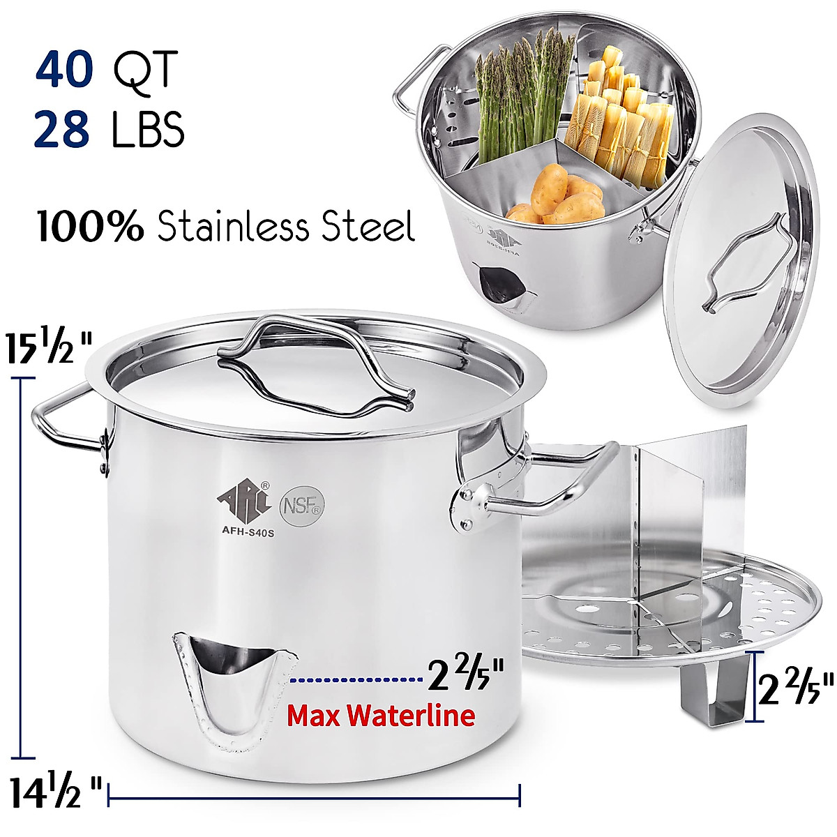 ARC 20QT Stainless Steel Tamale Steamer Pot w/Easy-fill Water Spout, Seafood Crab Steamer with Divider and Steamer Rack, 5 Gallon