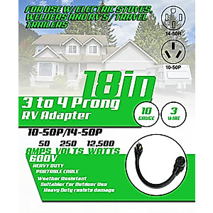 NEMA 10-50P to 14-50R 120V/240V 50 Amp 3 Prong Male Plug to 50 Amp 4 Prong Female Outlet Receptacle Generator RV Welder Dryer Power Cord Adapter