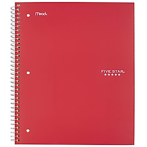 Five Star Spiral Notebook, 1 Subject, Wide Ruled Paper, 100 Sheets, 10-1/2" x 8", Red (72017)