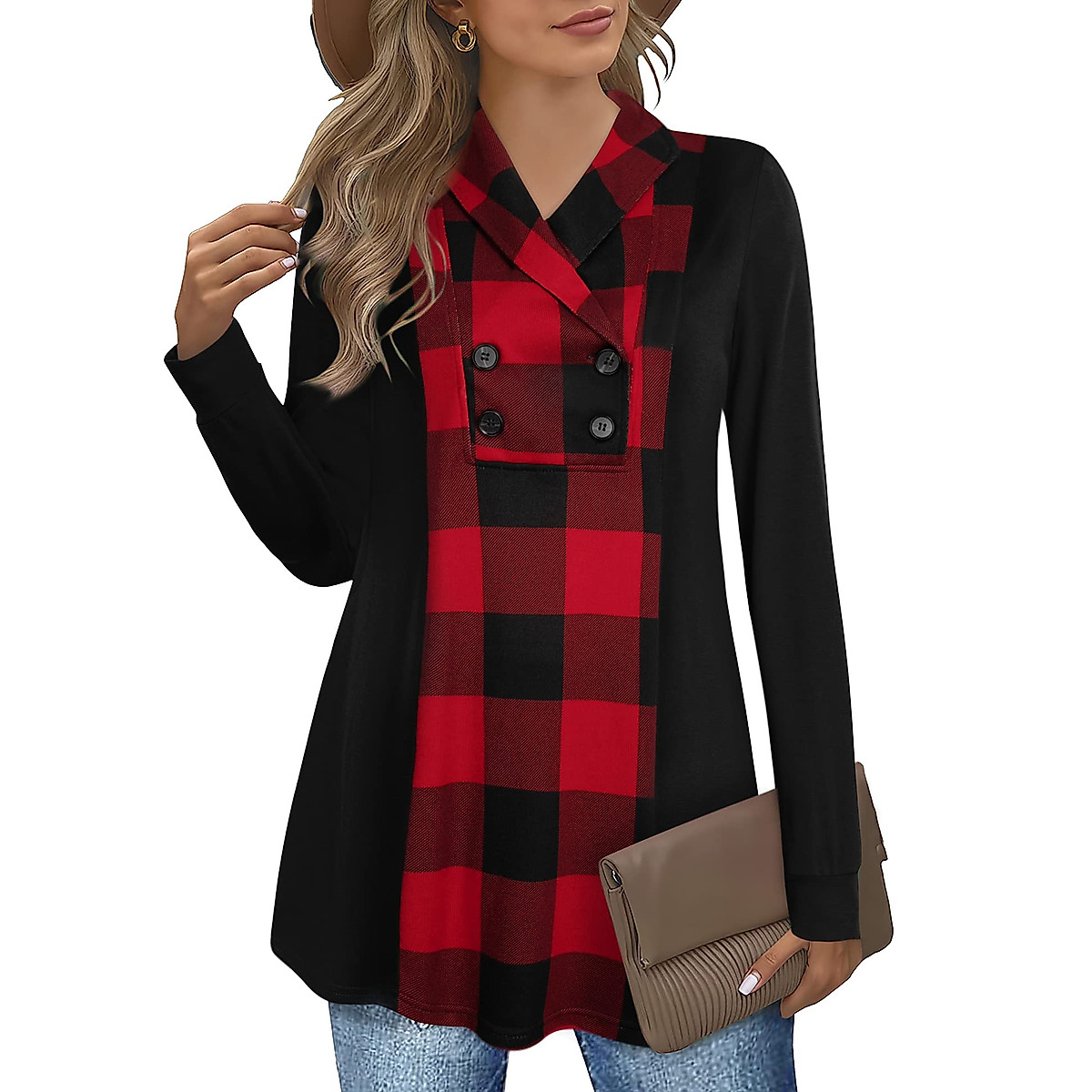 Tunic Tops to Wear with Leggings,Bebonnie Ladies Plus Size Fall Long Sleeve Casual Business Lapel V Neck Christmas Swing Sweatershirts Pullover Dressy Winter Tops Flannel Shirts Sweaters Red Black XL