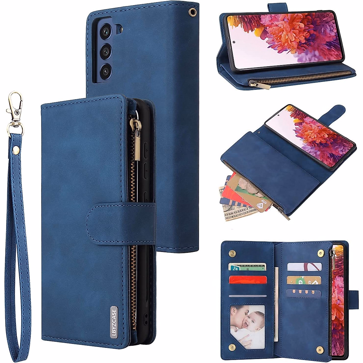 LBYZCASE Phone Case for Galaxy S20 FE 5G(2020),Samsung S20 FE Wallet Case,Luxury Folio Flip Leather Cover[Zipper Pocket][Wrist Strap][Kickstand ] for Samsung Galaxy S20 FE 5G(Fan Edition)-Blue