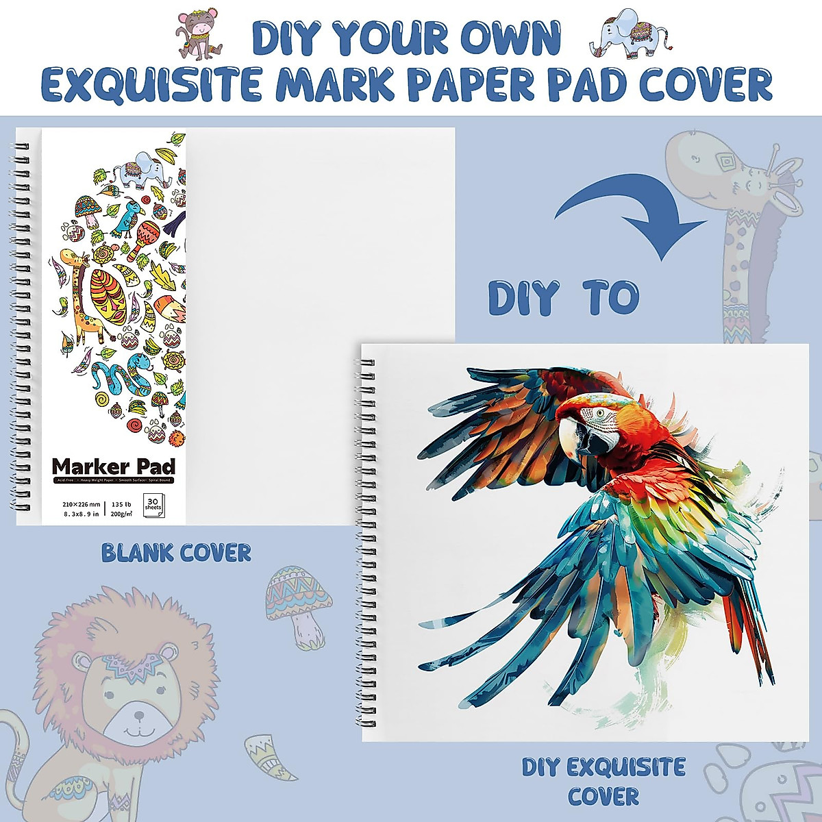 135lb/200gsm Marker Paper Pad, 8.3×8.9in Double Sided Bleedproof Sketch Pad, 30 Sheets Art Paper Spiral Sketchbook, Smooth Alcohol Marker Paper Painting Coloring Paper for DIY, Christmas Gifts