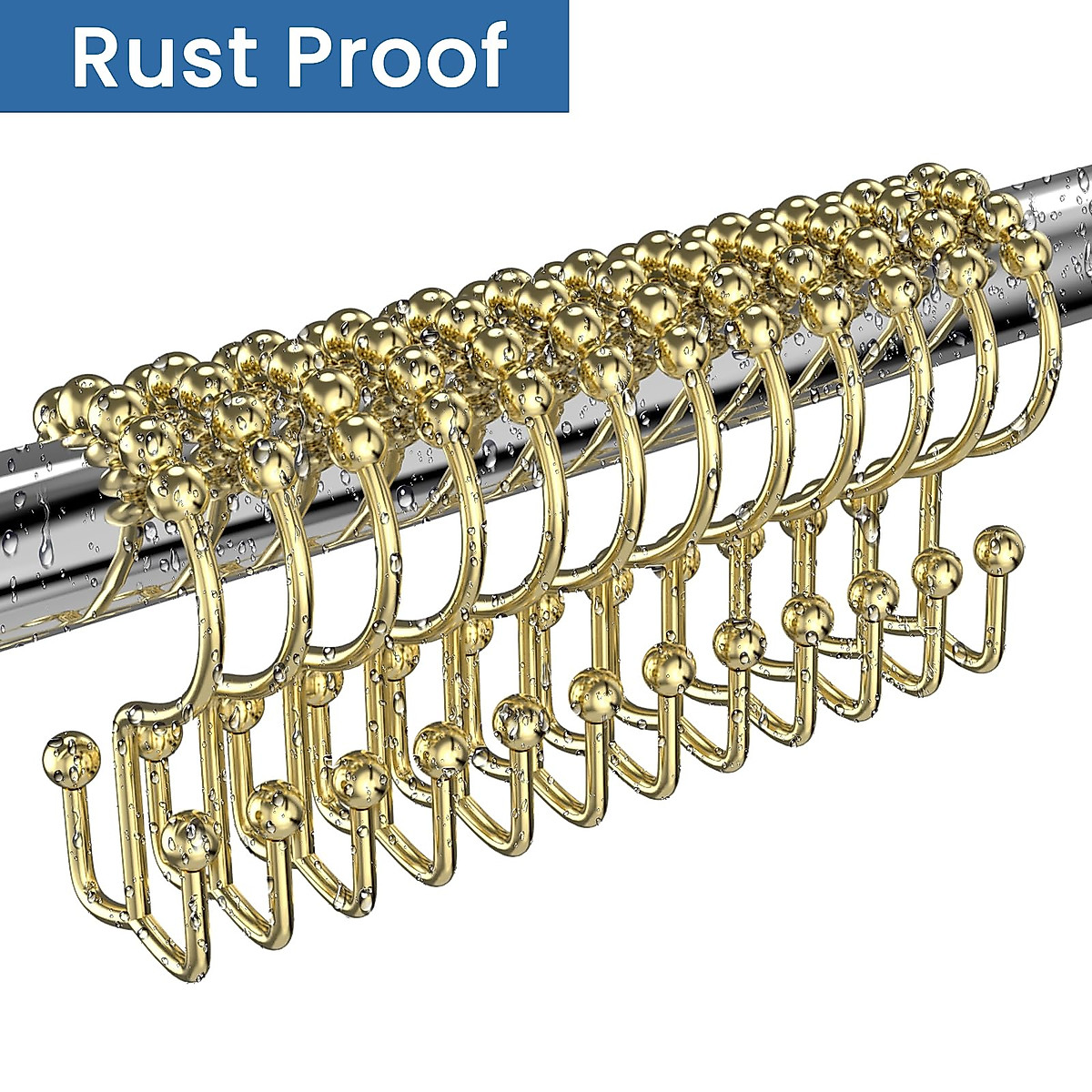 BATHDESIGN Shower Curtain Hooks Rings, Rust Proof Stainless Steel Shower Curtain Hooks Double Sided for Bathroom Shower Rods Curtains, Set of 12, Gold