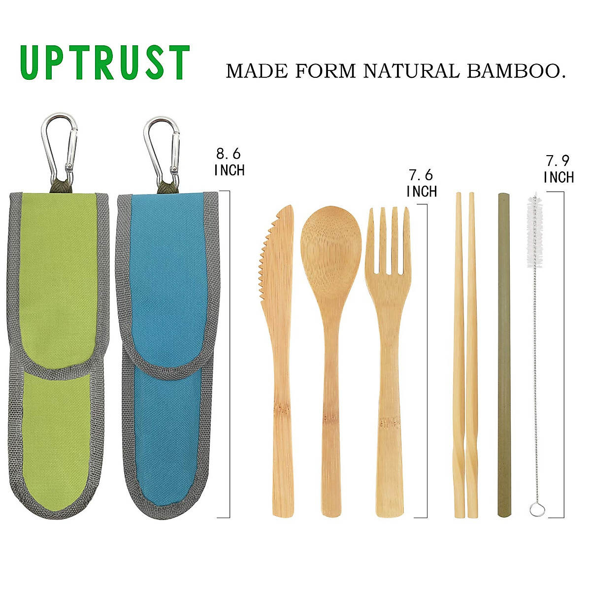UPTRUST 2 Set Bamboo Cutlery Set Bamboo Travel Utensil Reusable Organic Bamboo Utensil Fork Knife Spoon Chopsticks Straw Cleaning Brush for Travel Picnic School Office（Skyblue& Green）