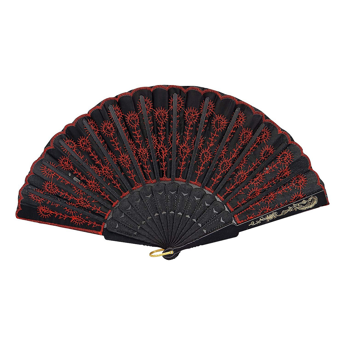 Innolife Elegant Colorful Embroidered Flower Peacock Pattern Sequin Fabric Folding Handheld Hand Fan Hand-Crafted (Red)