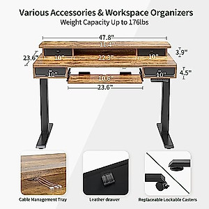 FEZIBO Height Adjustable Electric Standing Desk with 4 Drawers and keyboard tray, 48 x 24 Inch Table with Storage Shelf, Sit Stand Desk with Splice Board, Rustic Brown