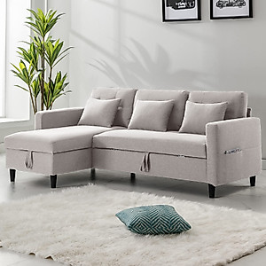 ZAFLY Folding Sofa Bed, Convertible Sectional Sleeper Sofa with Storage Chaise, 91 Inch Pull Out Couch, L-Shape Sofa Couch, Linen Upholstered 2 in 1 Sofa Bed for Living Room Office Apartment - Beige