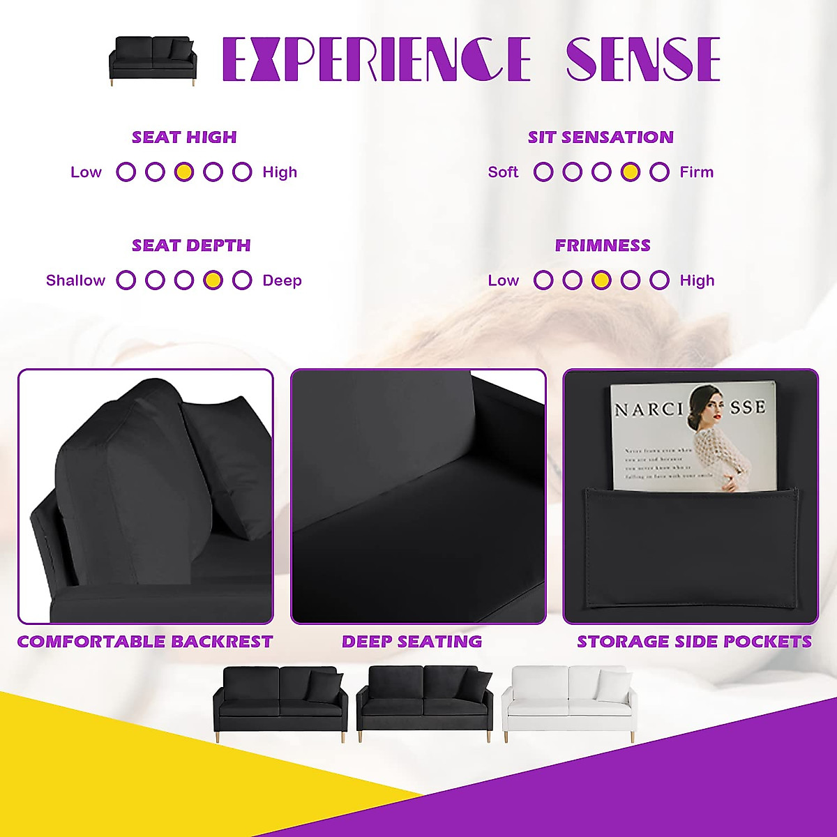 TYBOATLE Modern PU Leather Living Room Furniture 3 Pieces Sectional Sofa Couches Sets, Loveseat w/ 2 USB Charging Ports and Comfy Accent Arm Chairs for Small Space, Apartment, Office, Studio (Black)