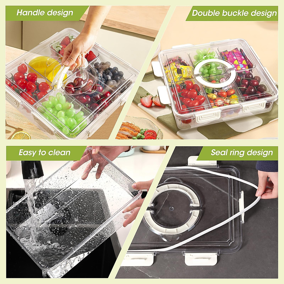 Divided Serving Tray with Lid Handle, Snackle Box Charcuterie Container, 6 Compartment Removable , Airtight Snack Box Container, BPA-Free Fruit Storage Container for Berry, Snack, Candy, Nuts