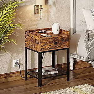 Rolanstar Nightstand with Charging Station and USB Ports, Rustic End Table with Drawer and Metal Shelf for Bedroom, Living Room, Rustic Brown