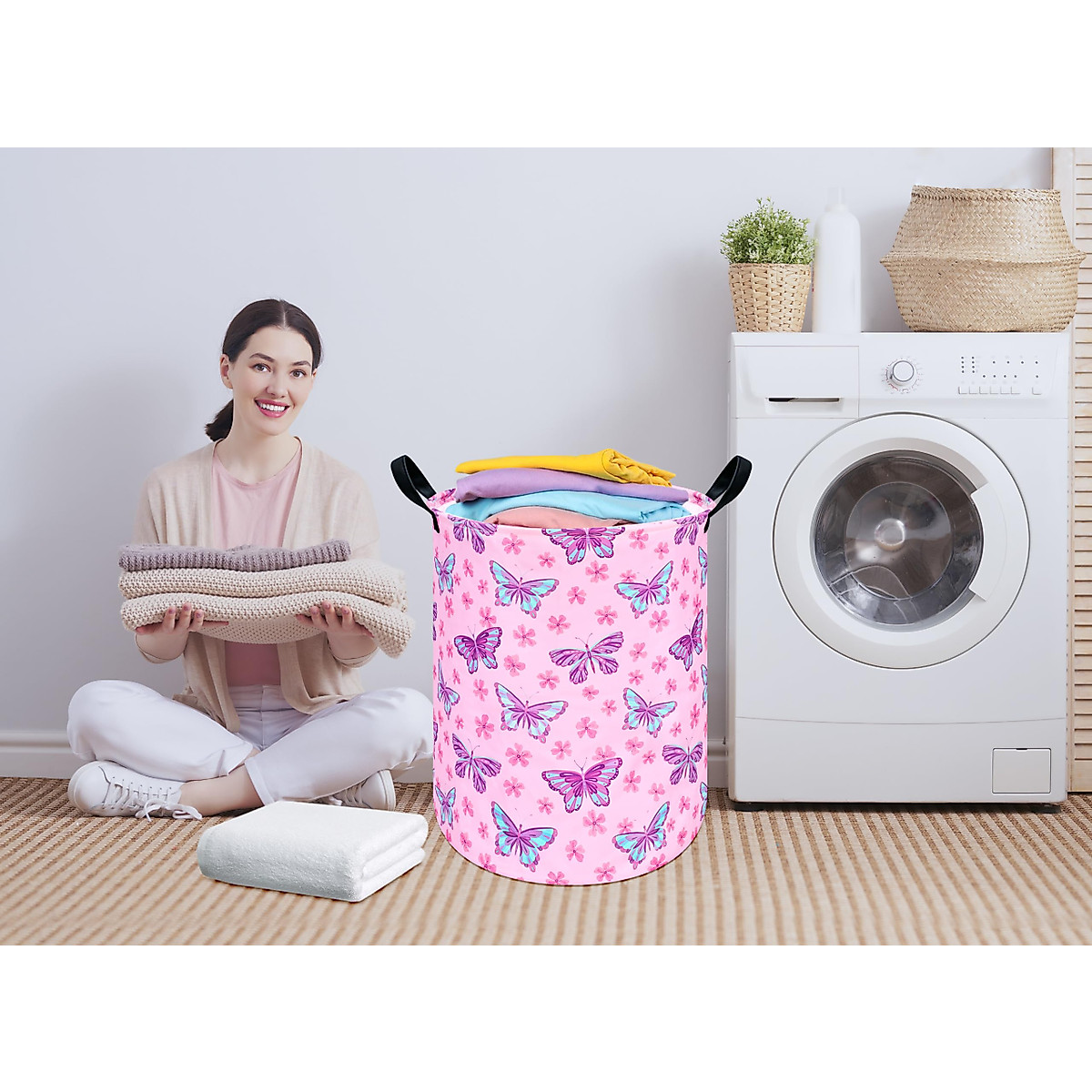 HUAYEE 19.7 Inch Baby Laundry Basket Girls Laundry Hamper Storage Basket Fabric Material Organization Basket, Storage Bin, Toy Box,Gift Basket with Handles for Room (Butterfly)