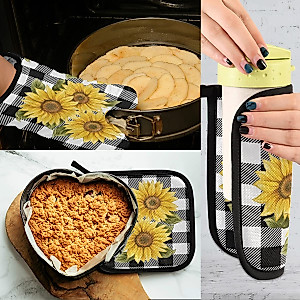 Sunflower Black White Buffalo Plaid Oven Mitts and Pot Holders Yellow Floral Lumberjack Check Cooking Gloves Kitchen Trivet Mats 2-Piece Set Non-Slip Heat Resistant Pad for Baking BBQ Home Decor