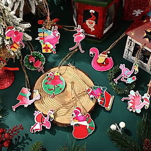 Chunful 24 Pink Flamingo Christmas Ornaments with Santa Hat - Decorative Hanging Ornaments for Xmas Tree & Party