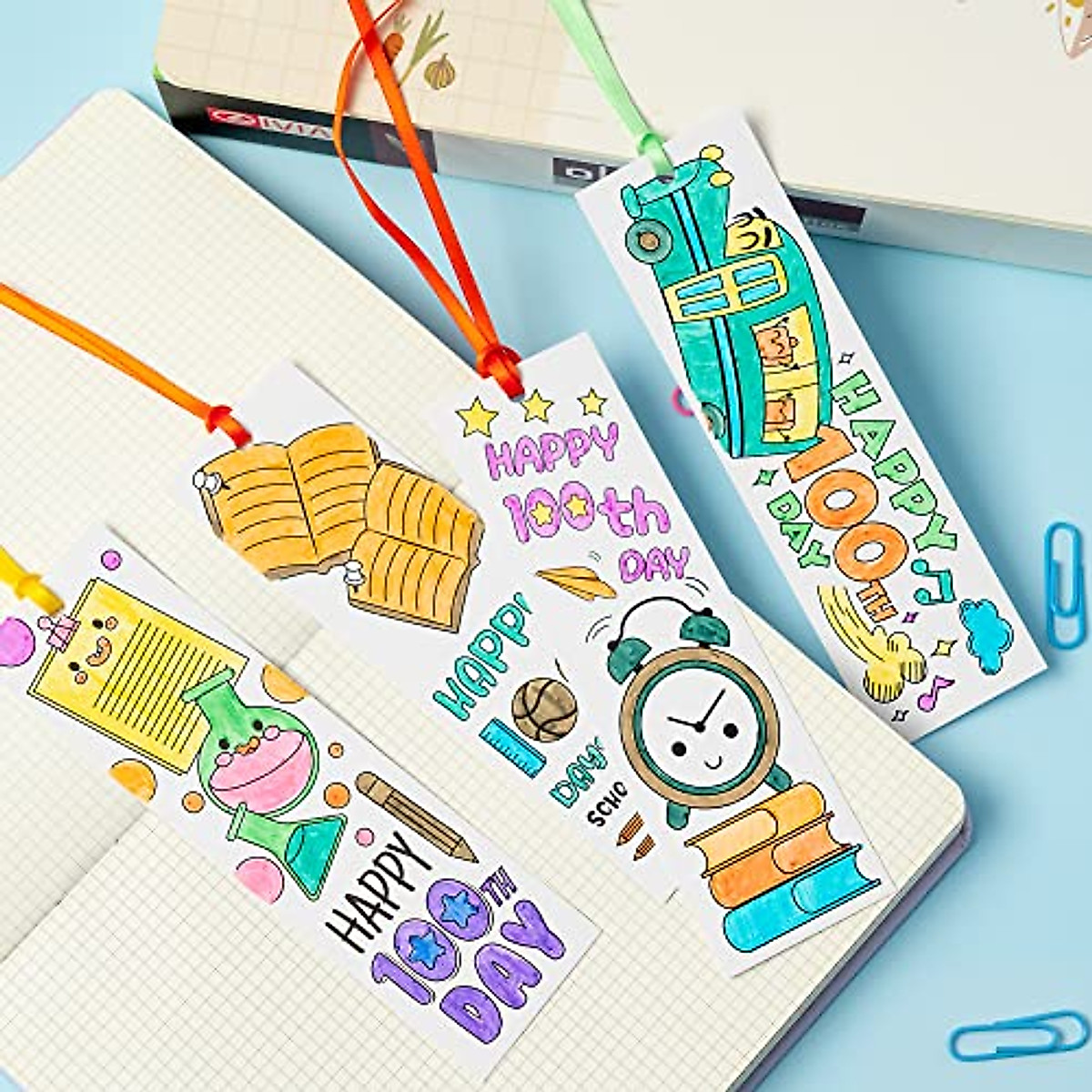 3sscha 75Pcs 100th Day of School Color Your Own Bookmarks for Kids DIY Coloring Blank Bookmark Including Pencil Alarm Clock Books Ruler Painting Paper Bookmark Class Party Supplies Goodie Bag Fillers