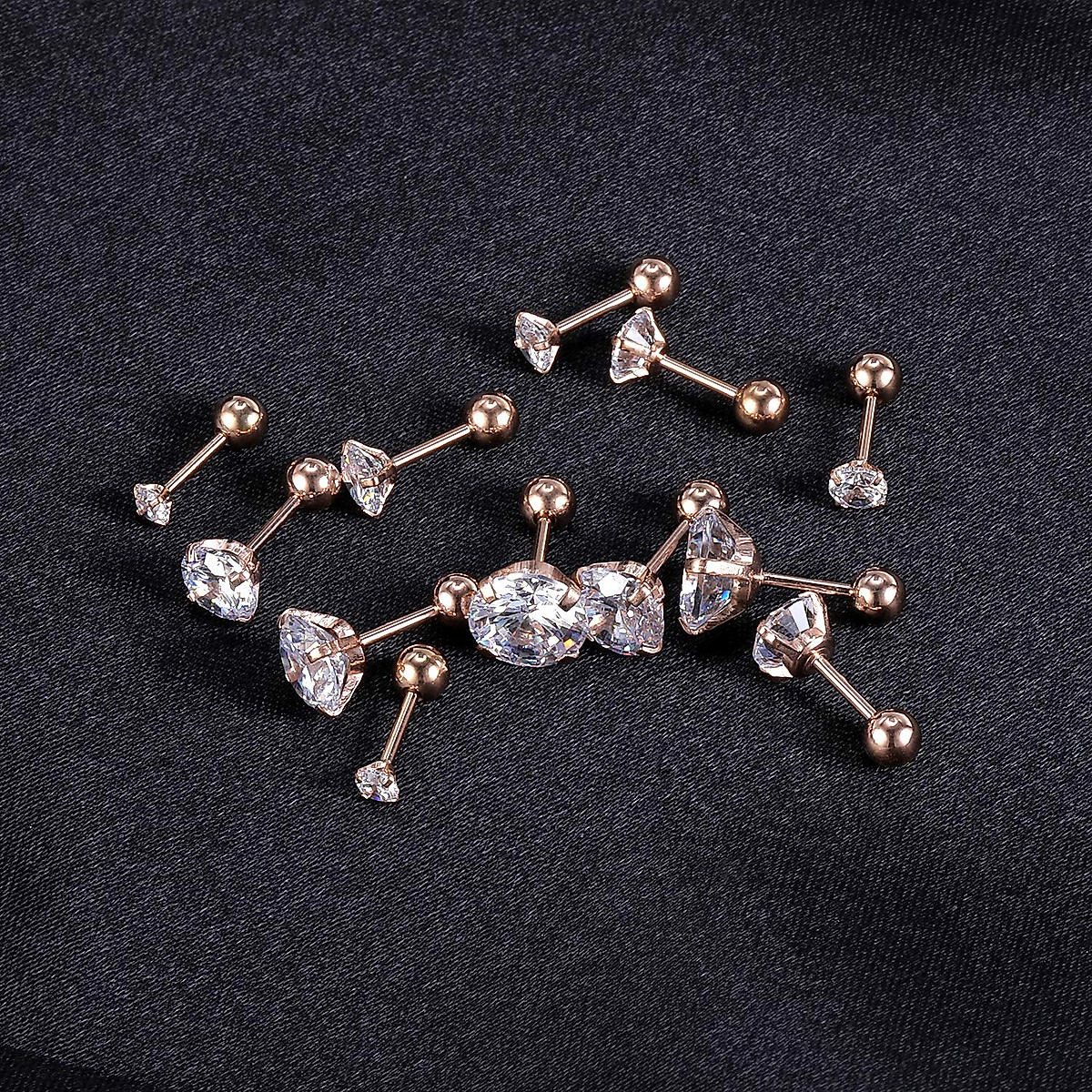 ZS 6 Pairs Shiny Round Cubic Zirconia Surgical Steel Stud Earrings Tragus Helix Conch Piercing Cartilage Sets (6 Pairs.3-8mm Cubic（Rose-gold,Ball Back）)