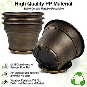 Plant Planters Pots Set of 4 Pack 11 Inch, Plastic Flower Pot for Indoor Plants with Drainage Holes & Trays, Resin Decorative Container Sets with Saucer for House Outdoor Garden Planters Dark Gold