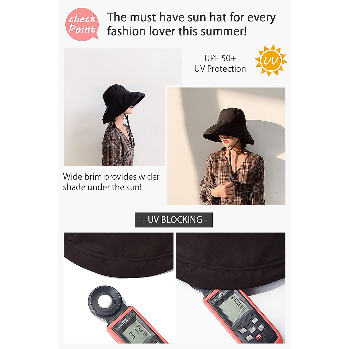 DRIONO Wide Brim Bucket Hat - UPF50+ Protection Travel Beach Sun Hat with Semi-Rigid Adjustable Foldable Brim -Black