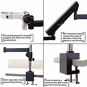 Parco Scientific PA-8 Articulating Arm Pillar Clamp Stand for Stereo Microscopes, 76mm Diameter Focusing Rack with Pin-Tail, 342mm Vertical Pillar