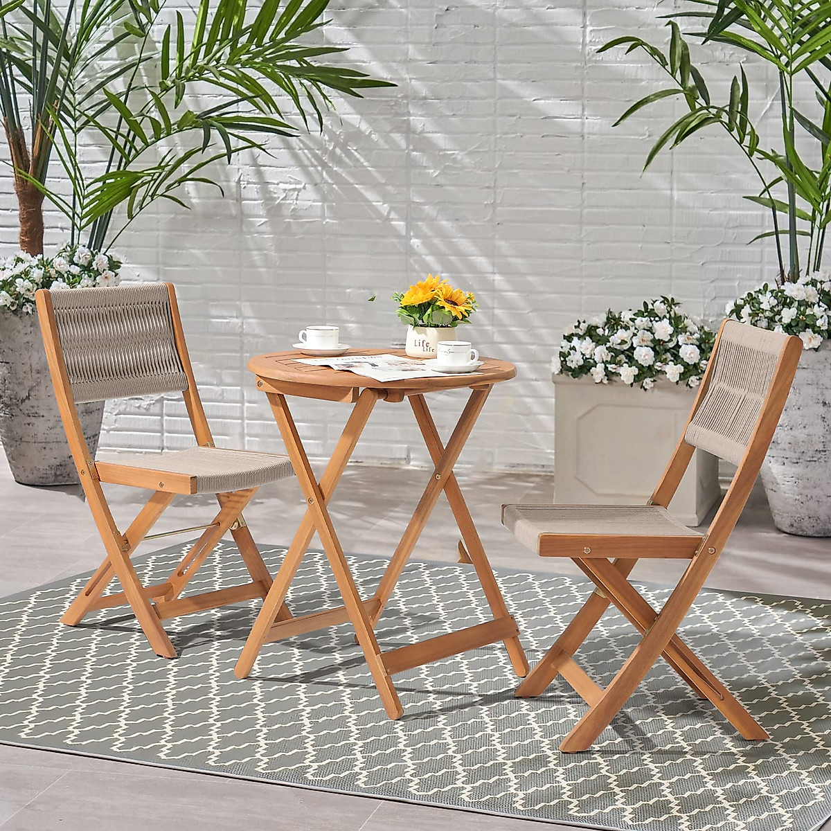 OC Orange-Casual 3 Piece Acacia Patio Bistro Set, Outdoor Compact Wood Table and Chairs Set of 2 for Apartment Balcony Front Porch Deck Yard, Beige