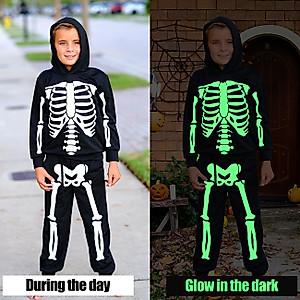 uideazone Halloween Glow in The Dark Pullover Pants Sets for Kids Boys 3d Graphic White Skeleton Bones Hoodie Outfit Two Piece Halloween Clothes Size 7-8