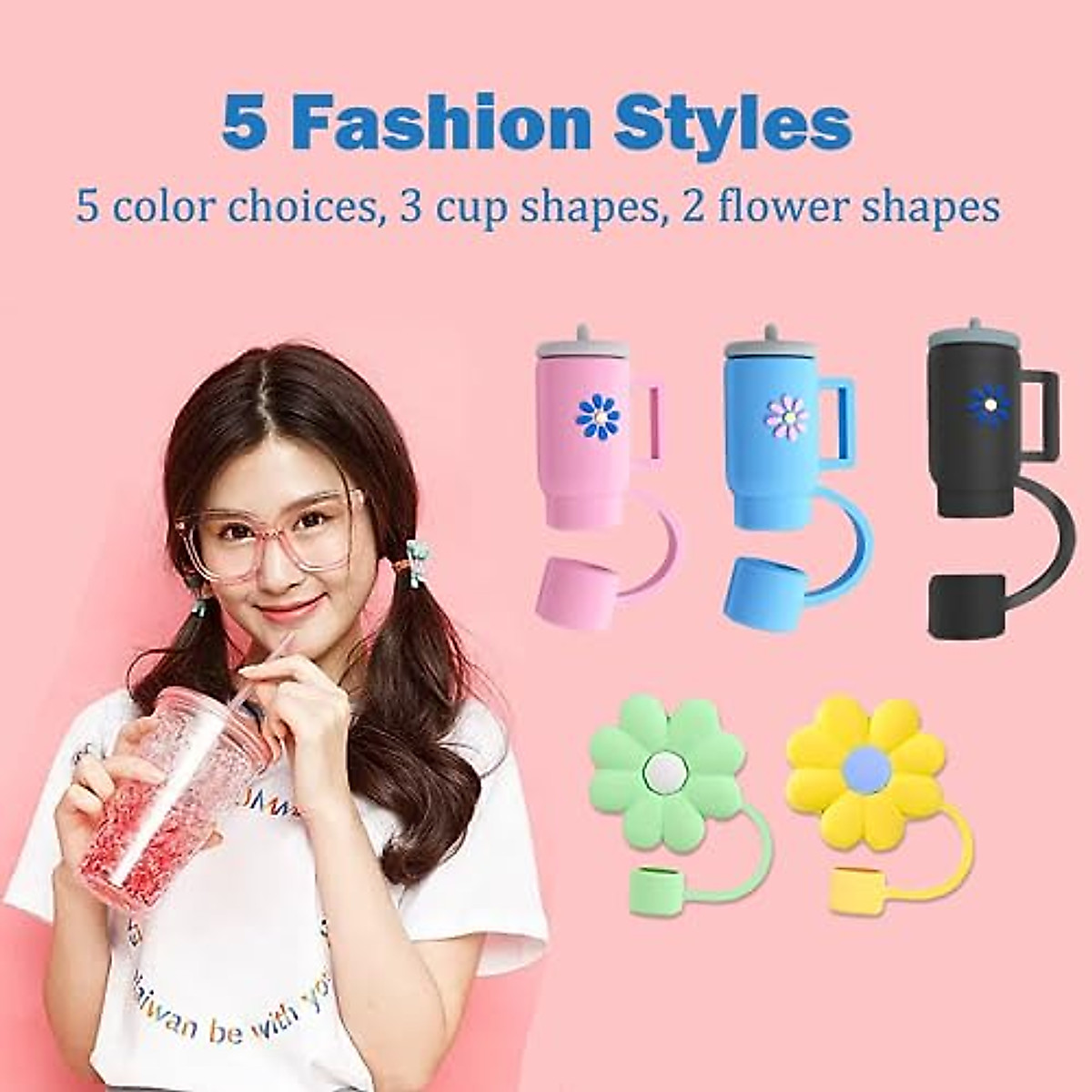 Yintoper 5Pcs 0.4in Diameter Straw Cover for Stanley Cup 30&40 Oz Tumbler, Silicone Cute Straw Cover Cap, Dust-Proof Drinking Straw Caps Reusable Straw Tips Topper Caps for Stanley Cups Accessories