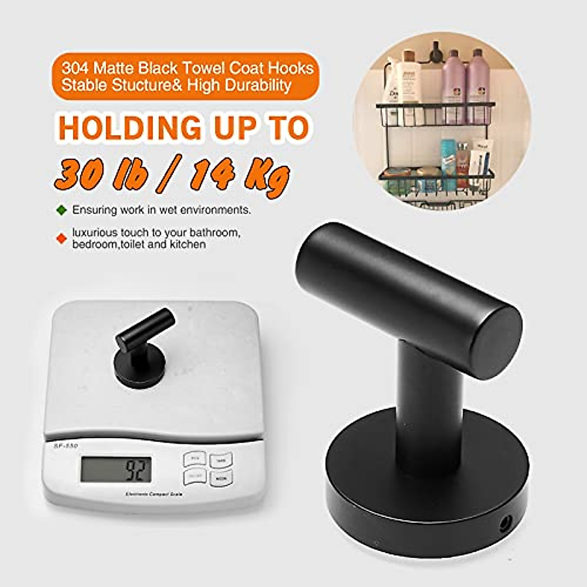 Towel Hooks, 2 Pack Matte Black SUS304 Stainless Steel Wall Mounted Coat Robe Clothes Hooks, Heavy Duty Robe Shower Towel Hanger for Bathroom Kitchen Living Room Bedroom Office