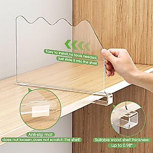 SPACEKEEPER Shelf Dividers for Closet Organization, Clear Closet Shelf Divider for Clothes Purses Separators, Wood Shelves Organizer for Bedroom, Kitchen, Office, Cabinets, Bathroom, 12 Pack
