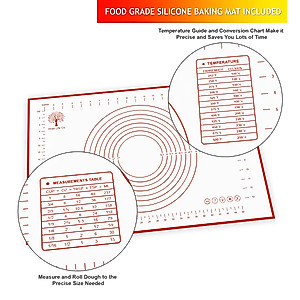 Rolling Pin And Silicone Baking Pastry Mat Set - Rolling Pins With Adjustable Thickness Rings - Stainless Steel Dough Roller For Baking Fondant, Pizza, Pie, Pastry, Pasta, Cookies With Red Mat