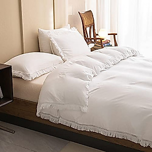 White Bedding Queen Boho Duvet Cover Set Shabby Chic Home Decor Tufted Tassel Beding Bohemian Farmhouse Bedding Set 1 Duvet Cover 2 Pillowcases (White, Queen)