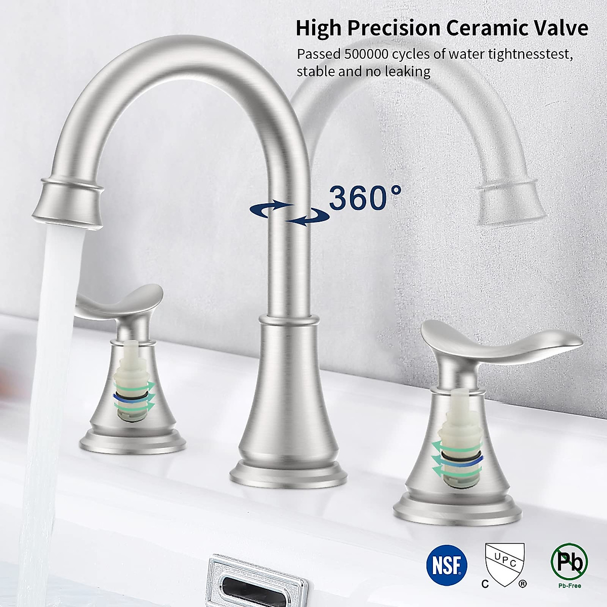 2-Handle 8 inch Widespread Bathroom Sink Faucet Brushed Nickel Lavatory Faucet 3 Hole 360° Swivel Spout Vanity Sink Basin Faucets with Pop Up Drain Assembly and cUPC Water Supply Hoses