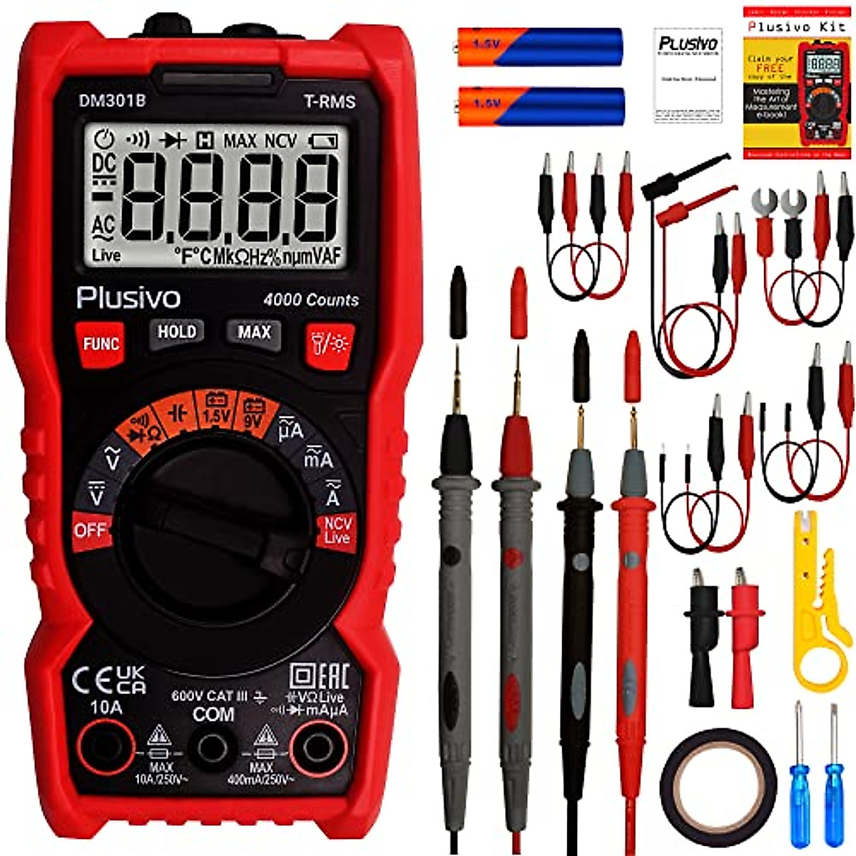 Multimeter 4000 Counts Digital Multimeter TRMS Auto-Ranging AC DC Voltmeter Ohm Volt Amp Tester NCV Live Test; Measures Voltage, Current, Resistance, Continuity with Set of Test Probes, Wire Stripper
