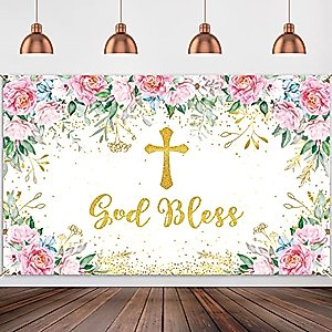 God Bless Backdrop Baptism First Holy Communion Banner Mi Bautizo Baby Shower Party Decorations Christening Ceremony Newborn Banner Flowers Leaves Floral Photography Background Decor Supplies