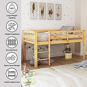 Merax Twin Size Wood Low Loft Bed Frame for Kids Junior Full Length Guardrails Walnut