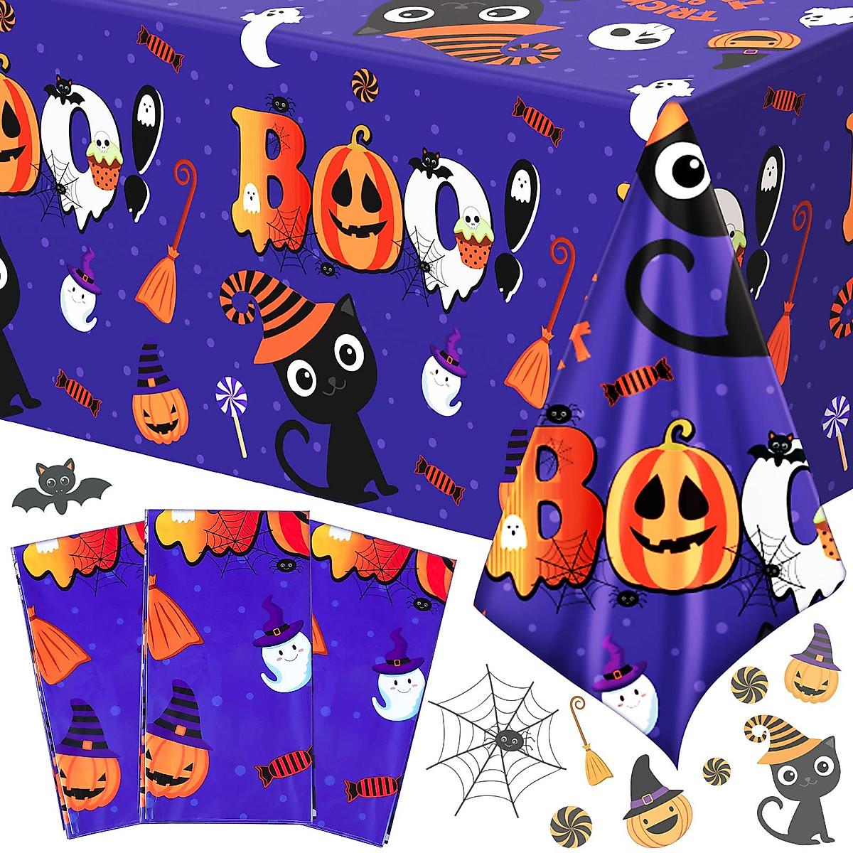 Tegeme Bulk Halloween Tablecloth for Kids Party 108 x 54 Inch Disposable Plastic Rectangular Table Covers with Cute Cat Pumpkin Boo Decorations for Happy Halloween Birthday Party Supplies(3 Pack)