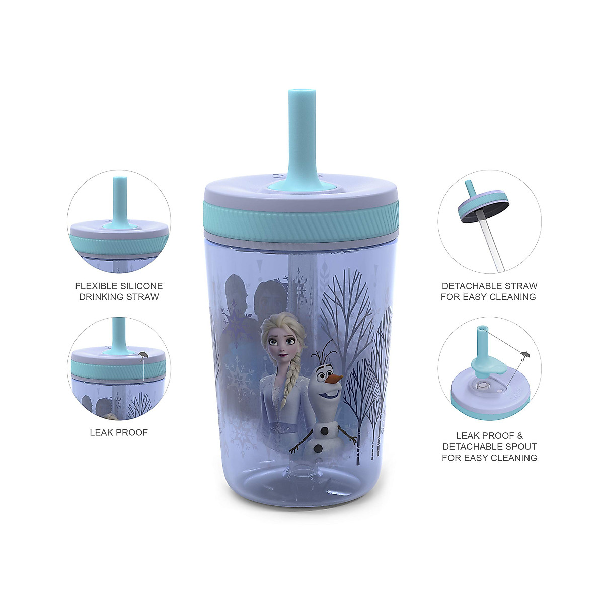 Zak Designs Disney Frozen II Movie Kelso Tumbler Set, Leak-Proof Screw-On Lid with Straw, Made of Durable Plastic and Silicone, Perfect Bundle for Kids (Frozen 2 Olaf, 15 oz, BPA-Free, 2pc Set)
