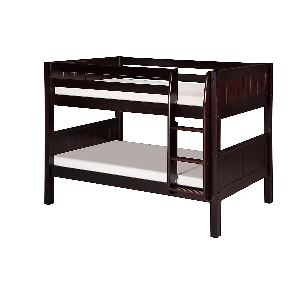 Camaflexi Panel Style Solid Wood Low Bunk Bed, Twin-Over-Twin, Side Attached Ladder, Cappuccino