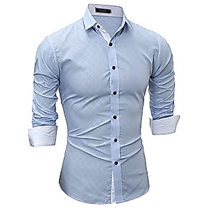 Men Business Long Sleeve Dress Shirt Stylish Slim Fit Button Up Shirts Lightweight Printed Turn-Down Collar Shirt (Light Blue,X-Large)