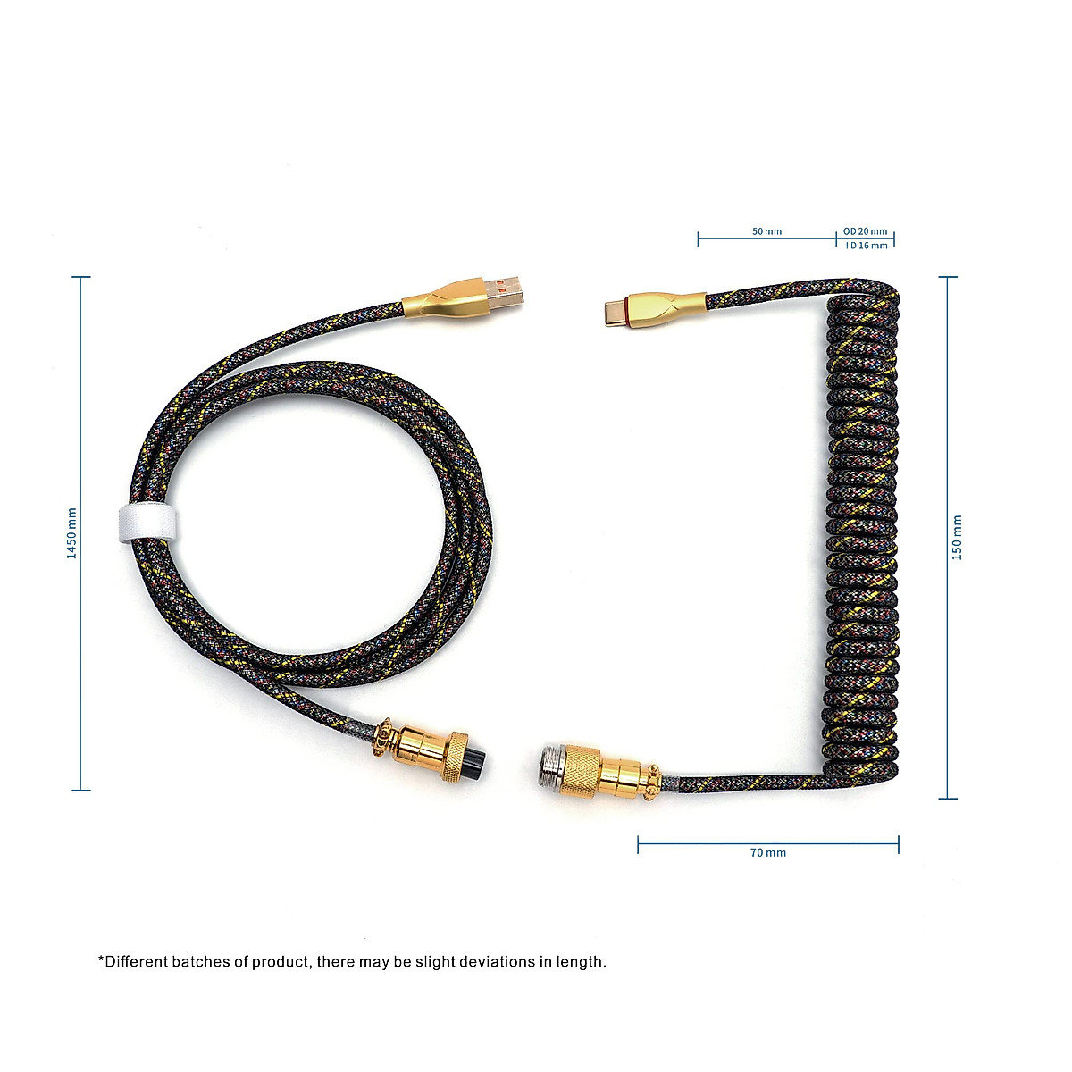 Formulamod USB C Coiled Keyboard Cable for Mechanical Keyboard,Coiled USB Aviator Cable for Keyboard, Pro Double Sleeved Cable with Organizer Zipper Bag. (Gold & Black)