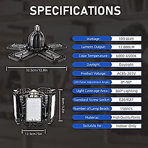 LED Garage Light, Ultra Bright Garage Lights Ceiling Led 360° Illuminator, 100W 12000LM 6500K Deformable LED Garage Ceiling Lights with 5 Adjustable Panels E26/E27 for Garage Basement Bay Workshop