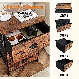 Furologee Nightstand with 3 Fabric Drawers, Tall End Table, Bedside Table for Storage, Small Dresser for Bedroom, Wooden Top for Living Room/Bedroom/Closet, Rustic Brown