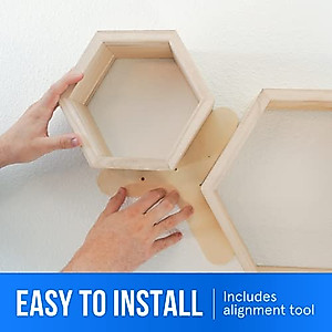 Hexagon Shelves Natural Wood Floating Shelves Set of 4 Wall Shelf for Bedroom, Office, Living Room & Bathroom – Farmhouse Wall Décor - Decorative Wooden Honeycomb Shelves with Alignment Tool